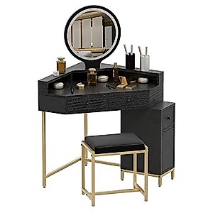 Visiblesser Corner Vanity Desk with Mirror and Lights, Black Vanity Table with Drawers, Dressing Table with 3 Dimming Lights, Corner Makeup Vanity with Stool