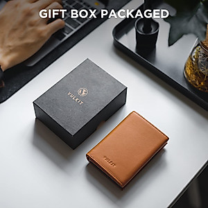 VULKIT Card Holder Wallet with Coin Pocket Magnetic Closure Pop Up Cards With ID Window Top Grain Leather Wallet for Cash & Credit Cards