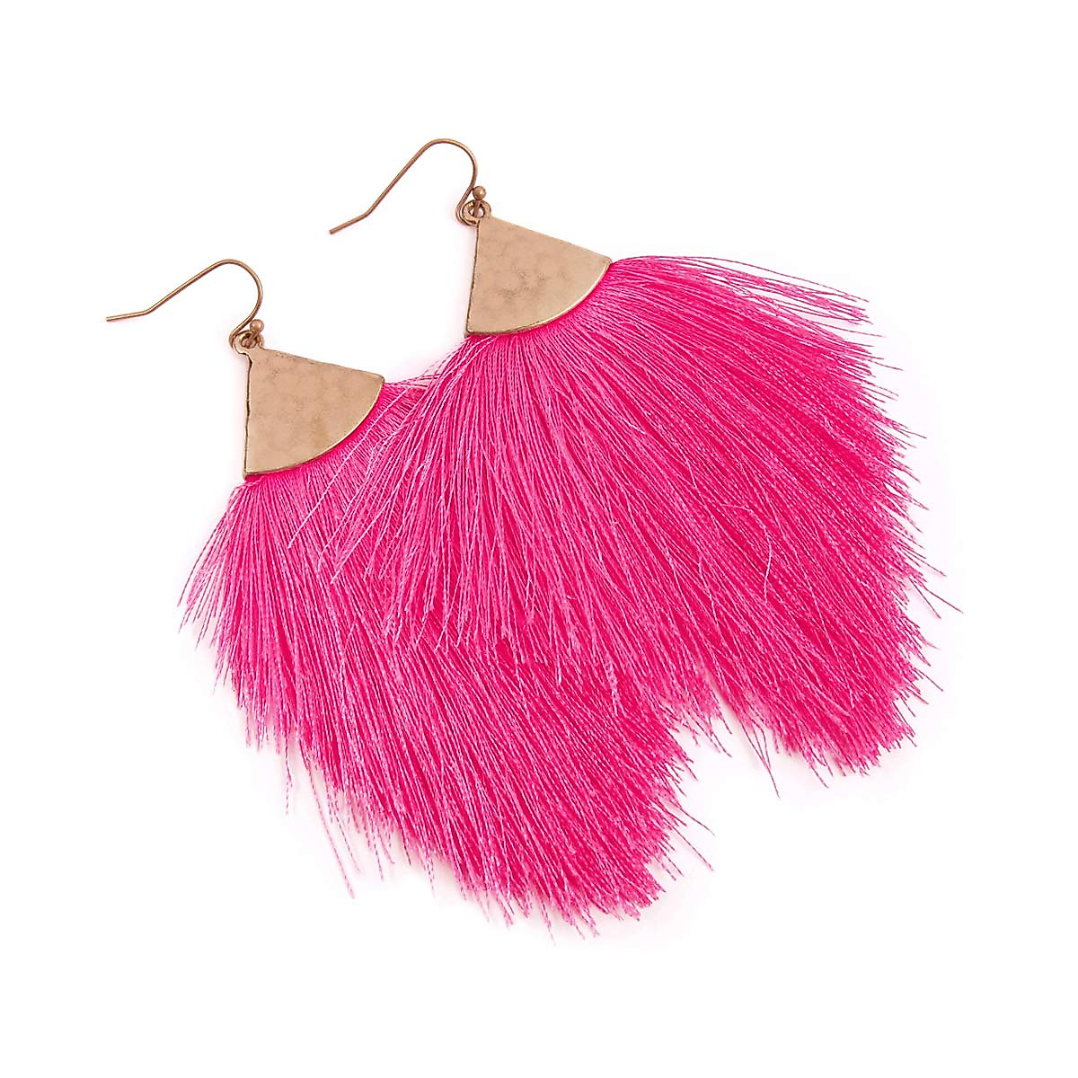 Bohemian Silky Thread Fan Fringe Tassel Statement Earrings - Lightweight Strand Feather Shape Dangles (Feather Fringe - Hot Pink)