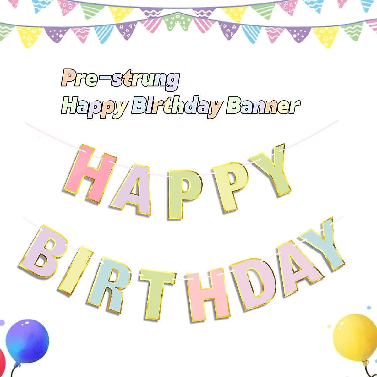 Happy Birthday Banner, Pre-Strung Happy Birthday Sign, Macaron Birthday Banner, Pastel Birthday Party Decorations, Birthday Decorations for Girls, Women, Baby Shower, Birthday Party Supplies(No DIY)