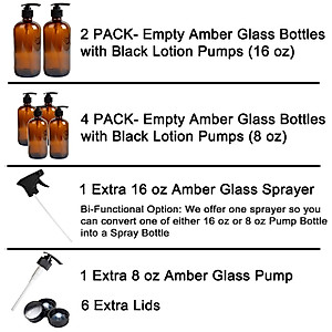 Youngever 6 Pack Empty Glass Pump Bottles, 2 Pack 16 Ounce and 4 Pack 8 Ounce Pump Bottles, Soap Dispenser, Refillable Containers (Amber)