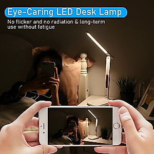 LED Desk Lamp with Time, Date, Temperature Display, 3 Modes Lighting/Brightness Adjustable Bedside Table Lamp, Touch Control Eye-Caring Night Light for Home Office (White)
