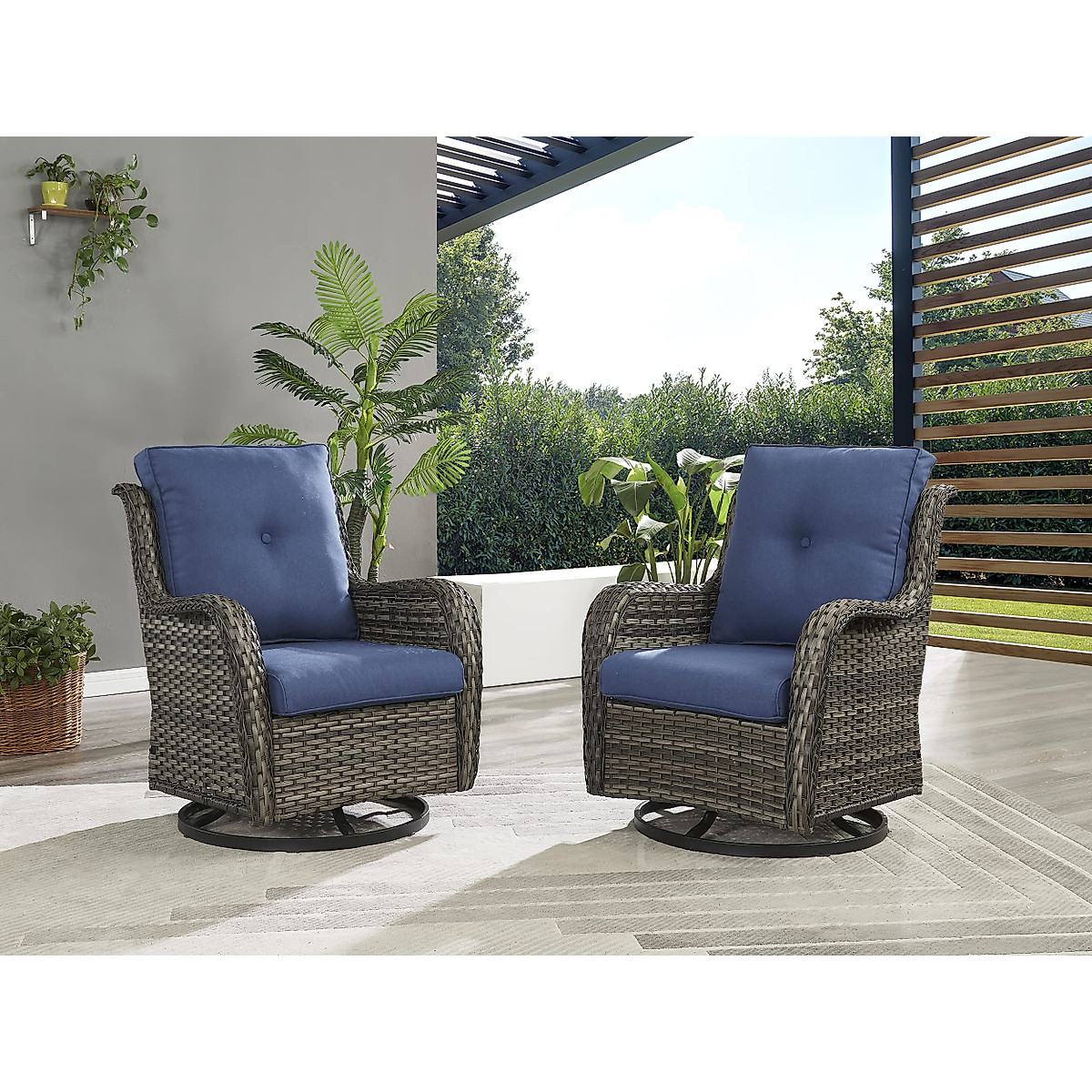 Rilyson Wicker Rocking Chair Swivel Chairs - 2 Piece Rocker Patio Chairs Set Rattan Rocking Chair for Outdoor Porch Deck Garden Backyard (Mixed Grey/Blue)