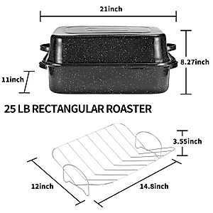 Roasting Pan With Lid and Rack, 21” Rectangular Roasting Pan, 25lb Turkey Roaster Pot, Large Oven Roaster Tray for Baking Turkey, V-Rack and Versatile Lid Bone Turkey Baster by JY COOKMENT