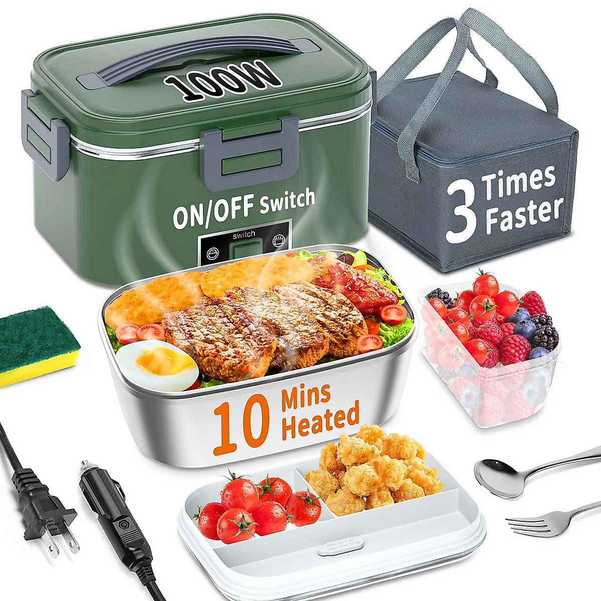 Electric Heated Lunch Box 100W - 3-IN-1 1.8L Fast Self Heating Lunch Boxes Portable Food Heater for Adults,12V/24V/110V with Leak-Proof Compartment Lid for Car Truck Office Home Green (3 Times Faster)