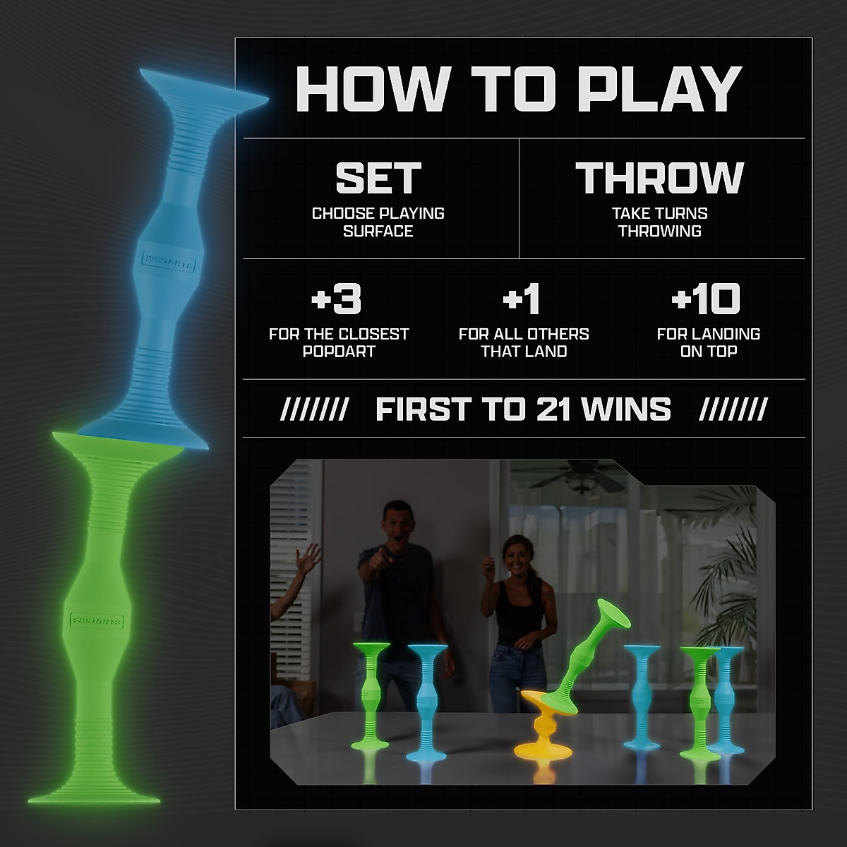 POPDARTS Glow Pack Game Set Glow in The Dark (Blue and Green) - Indoor, Outdoor Suction Cup Throwing Game - Competition with a POP
