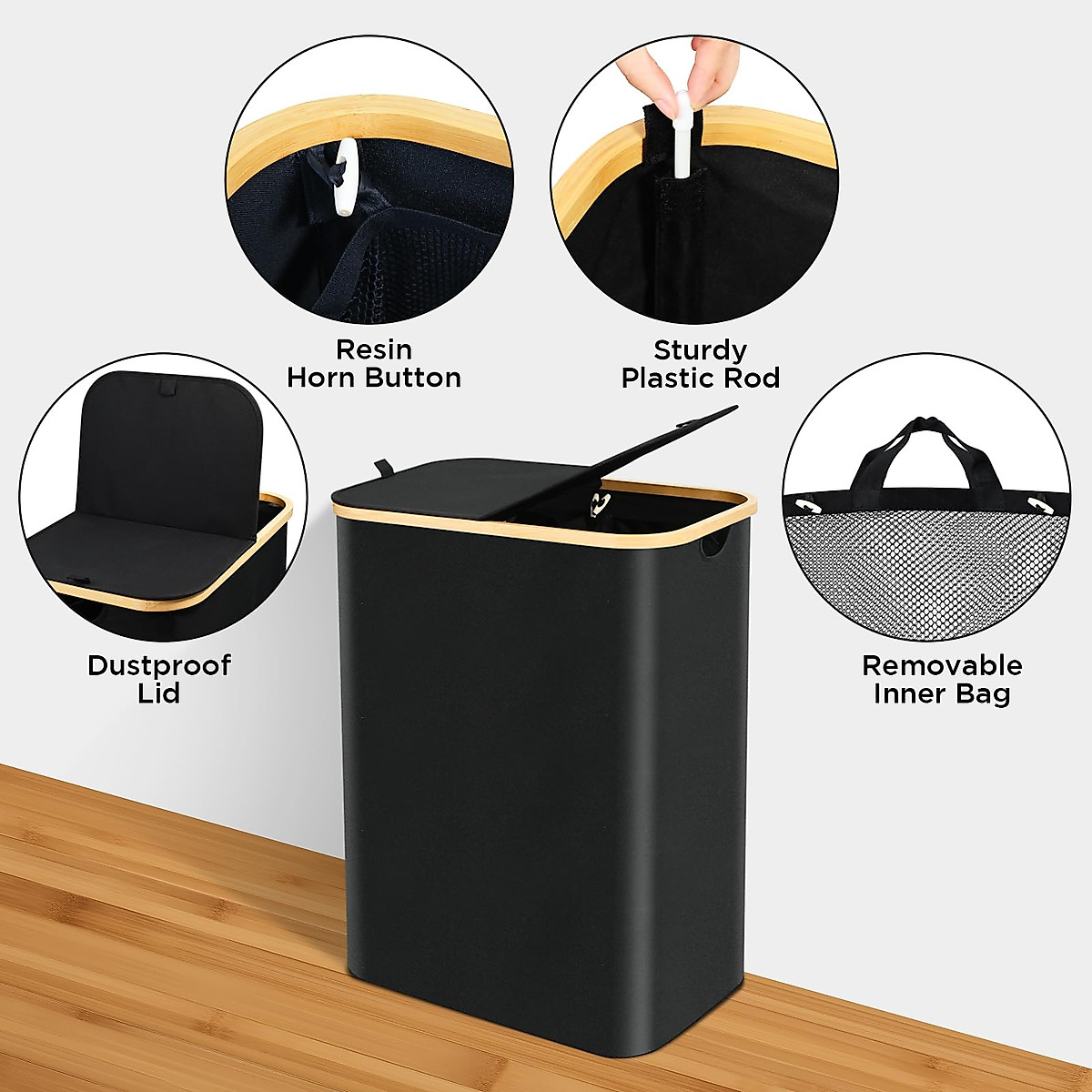 Laundry Hamper with Lid,160L Large Laundry Basket with Removable Inner Bag, Collapsible Dirty Clothes Hamper with Handle for Laundry Room,Bedroom, Black