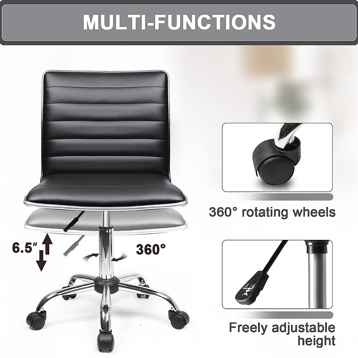 OFIKA Armless Office Desk Chair, Adjustable Task Chair, Low Back Faux Leather Ribbed Swivel Chair, Home Computer Chair Retro with Wheels, Vanity Chair，Black