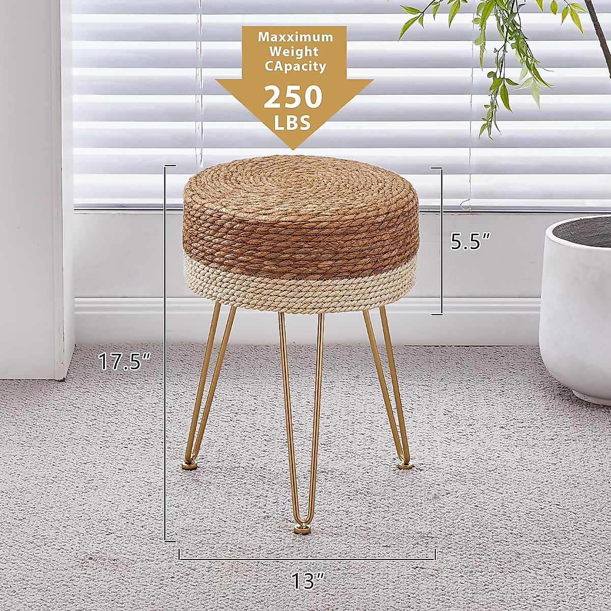 Cpintltr Natural Seagrass Hand Weave Poufs Vanity Stool Velvet Ottoman Stool Round Ottoman Foot Stool with Metal Legs for Living Room Bedroom Natural White
