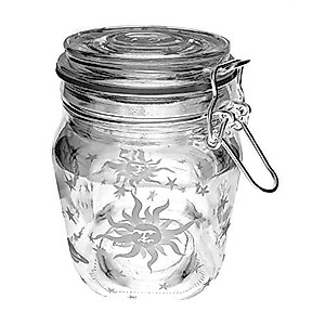 IncisoArt Hand Etched Glass Jar Airtight Canister Sandblasted (Sand Carved) Handmade Engraved Locking Wire Clamp Lid (Sun Moon Stars Planets, 38 Ounce)