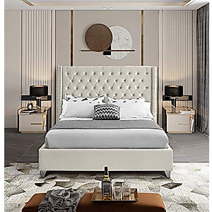 Meridian Furniture Aiden Collection Modern | Contemporary Velvet Upholstered Bed with Deep Button Tufting, Solid Wood Frame, and Custom Chrome Legs, Full, Cream