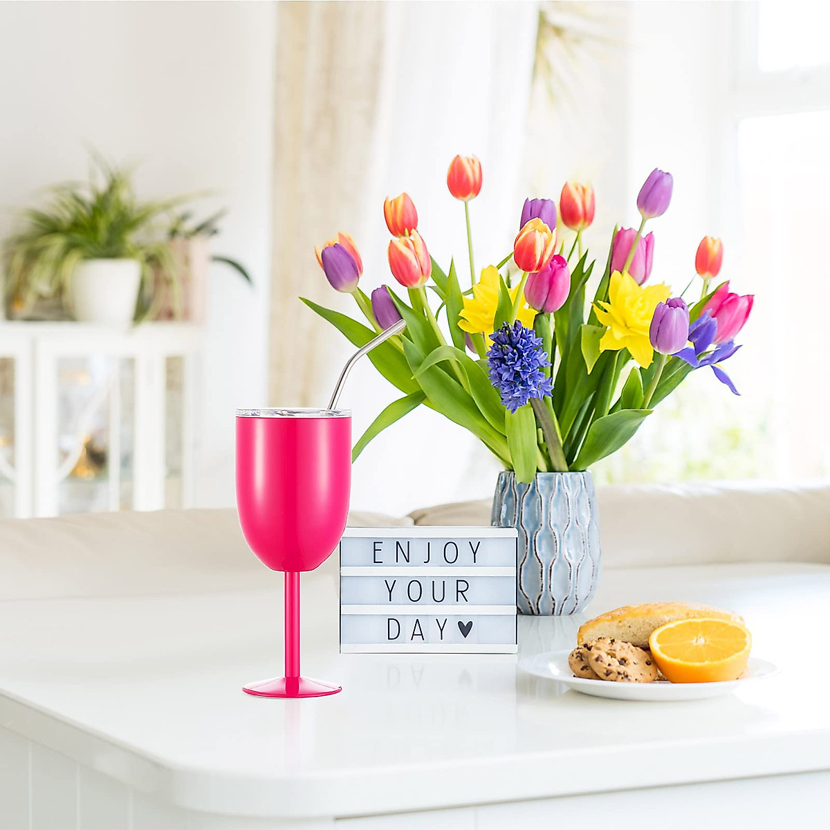 Gerrii 6 Pcs Stainless Steel Wine Glasses Cups Stemmed Double Walled Vacuum Insulated Wine Tumbler with Lid and Straw for Camping Picnics Travel, Birthday Gifts for Friendship Friends Dad Mom