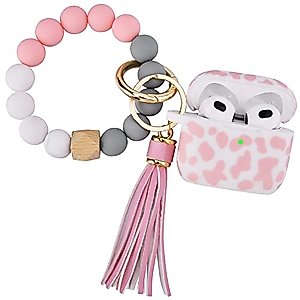 AirPods 3 Case AIRSPO Cute AirPods 3 Case Cover for AirPods 3rd Generation Printed Silicone Protective Skin for Women, Girls with Bracelet Keychain/Accessories (Pink Cow)