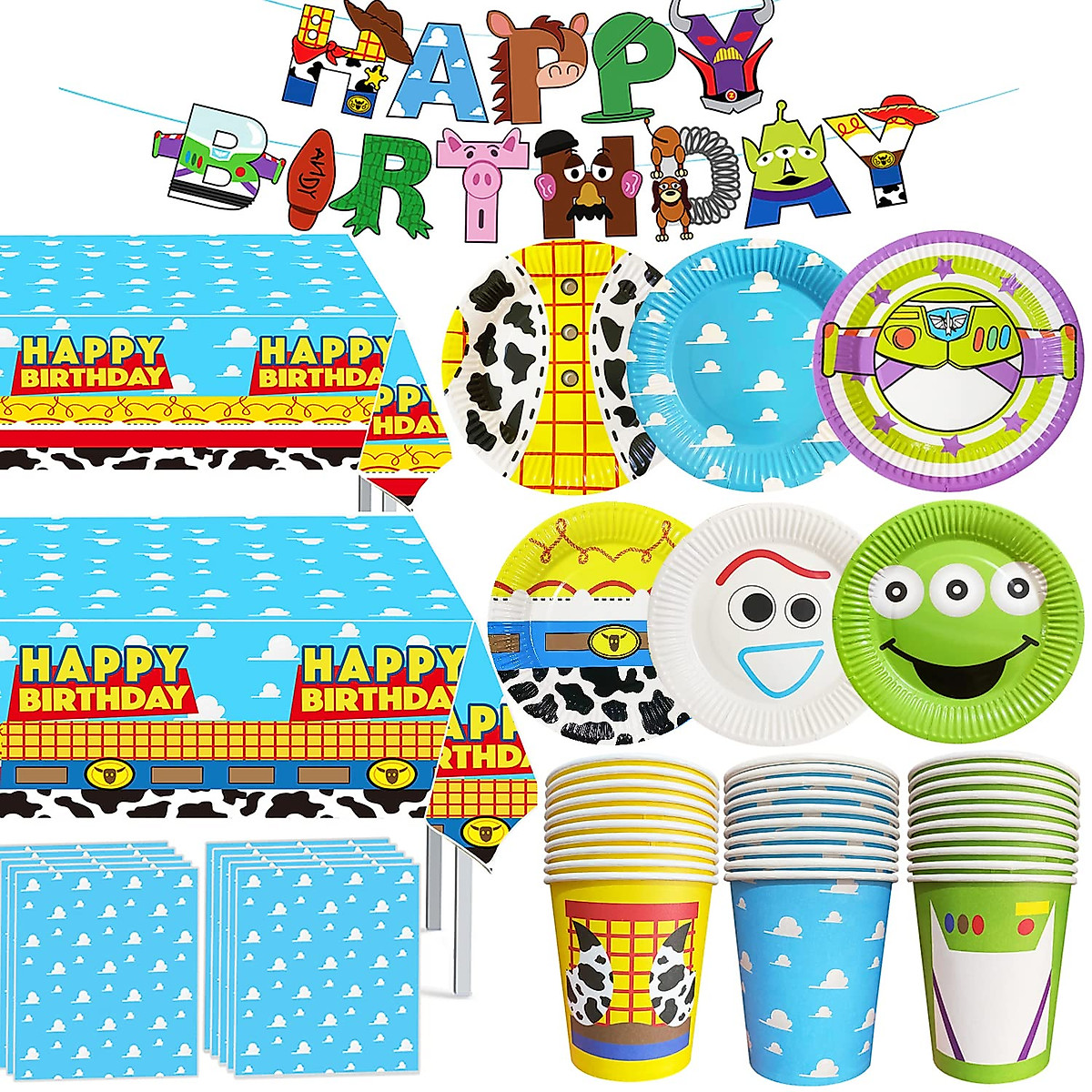 Cartoon Story Party Supplies 133pcs Party Decorations include Paper Plates Napkins Cups Tablecloth and Banner for Boys Girls 1st 2nd 3rd 4th Birthday Decor, Serve 30 Guest