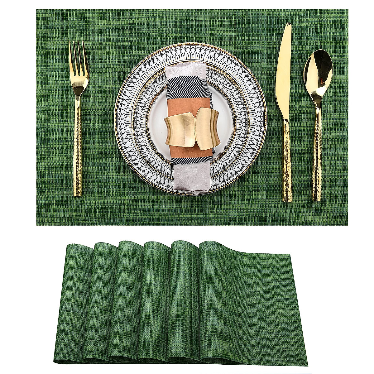 SLKQG Green Placemats Set of 6 - Wipe Clean Vinyl Placemats - Washable Heat Resistant PVC Table Mats for Dining Table - 17x12 Inch (Green, 6)