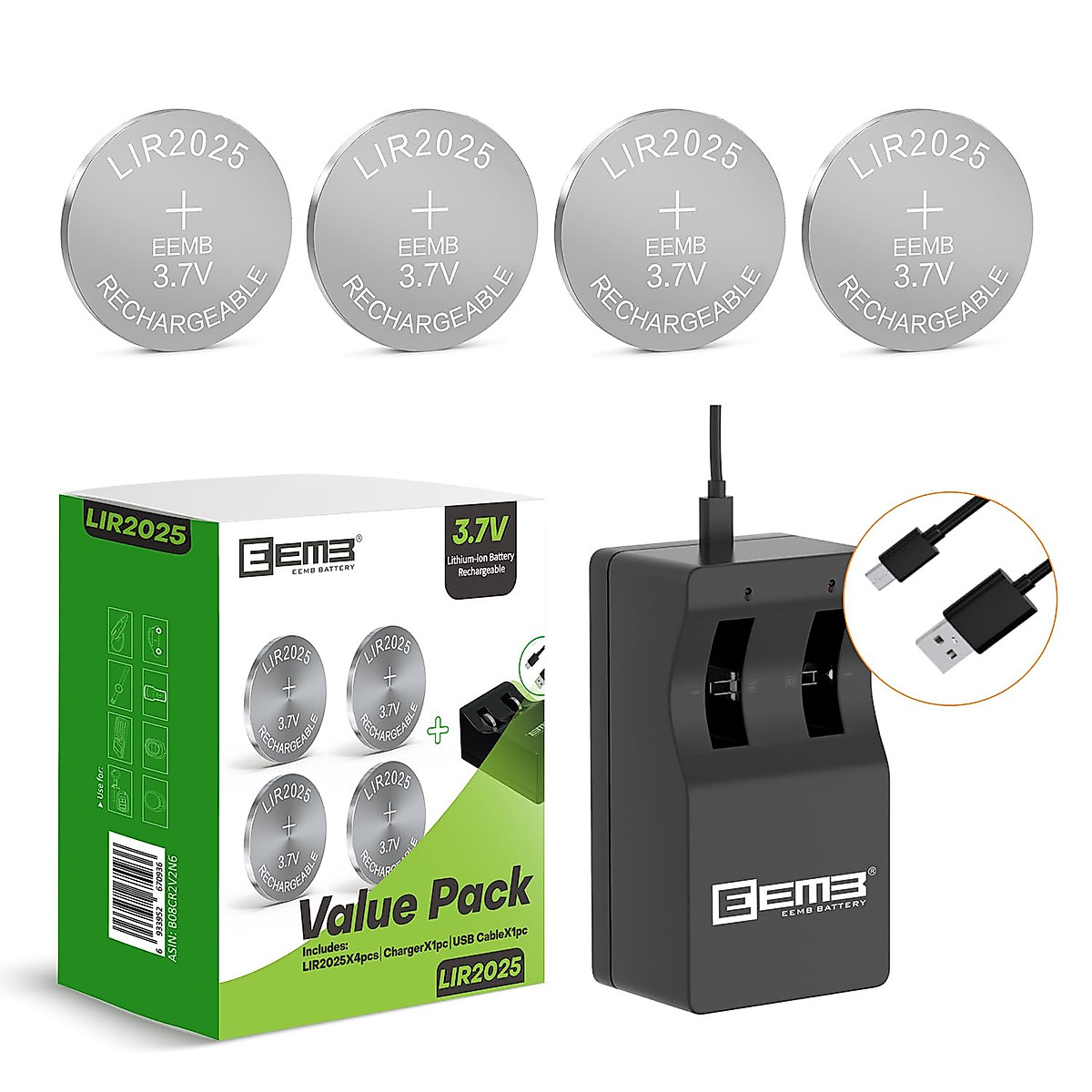EEMB LIR2025 Rechargeable Li-ion Battery Charger with 4PCS 3.7V Lithium-ion Coin Button Cell Batteries 40mAh