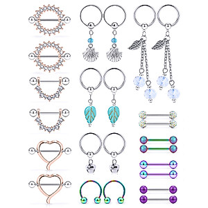 Vsnnsns 14G Nipple Rings Nipplering for Women 14mm Stainless Steel Chain Dangle Captive Nipple Rings Straight Tongue Ring Piercing Barbell Hoop Nipple Rings CZ Heart Shape Piercing Jewelry 12 Pairs