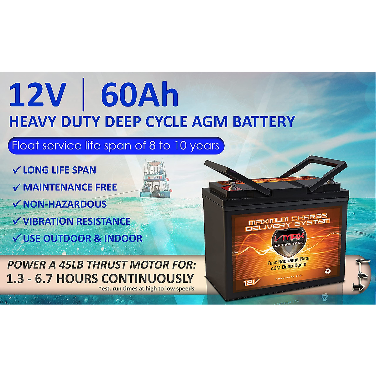 VMAX MR96-60 12V 60Ah AGM Deep Cycle Marine Battery for 12 Volt 40 Pound 40lb Thrust Trolling Motors