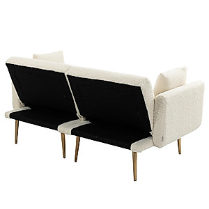 SZLIZCCC Accent Sofa, Mid Century Modern Teddy Velvet Fabric Couch， Convertible Futon Sofa Bed ，Recliner Couch Accent Sofa Loveseat Sofa with Gold Metal Feet (White Teddy)