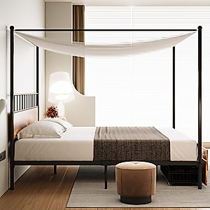 LIKIMIO Canopy Bed Frame King with Wooden Headboard and Drawer, King Size Bed Frame with 4 Removable Sturdy Posts, Noise Free, No Box Spring Needed, Vintage Brown