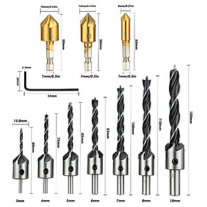 Chew Steel Tools, 11 Pack Woodworking Chamfer Drilling Tools Including 7 Brad Pointed Countersink Drill Bit with L-Wrench, 3 Titanium Countersink bits, 1 Hex Key Wrenc
