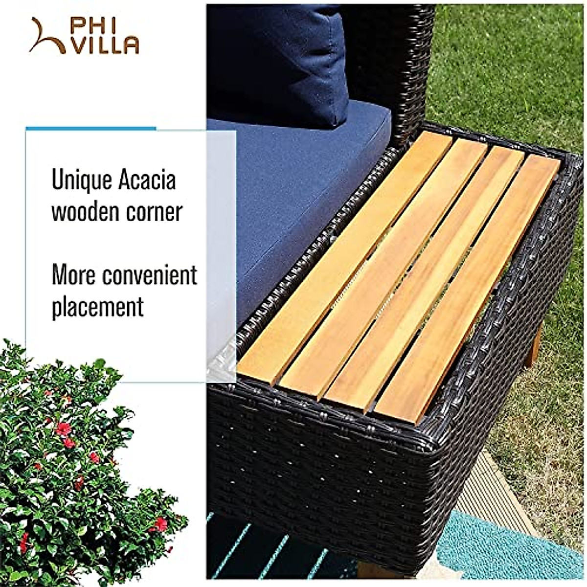 PHI VILLA 3-Piece Outdoor Rattan Sectional Sofa Set with Acacia Wood Coffee Table Patio Wicker Furniture Set with Cushions Conversation Set, Navy Blue