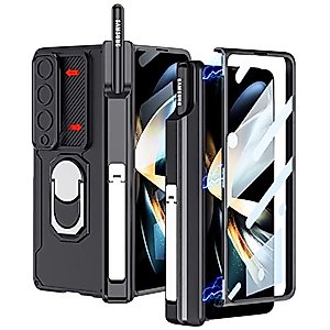 PUROOM for Samsung Galaxy Z Fold 3 Case Magnetic Hinge Coverage Protective with S Pen Holder Ring Kickstand Case, Slide Camera Cover, Front Screen Protector All-Inclusive Case (Black)
