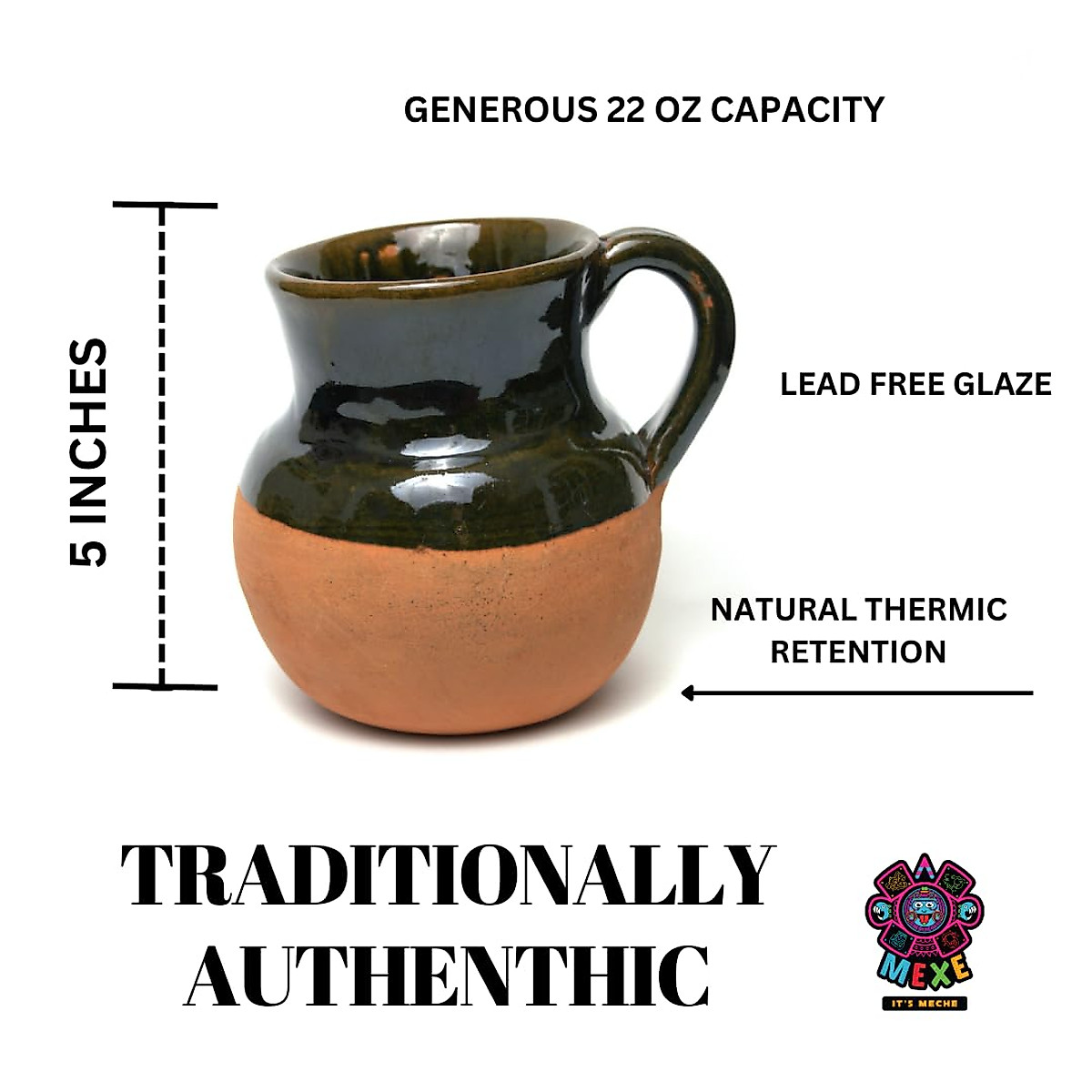 MEXE Handmade Large 22 oz Clay Coffee Mug, Unique Artisan Ceramic Pottery Cup for Tea, Mexican Hot Chocolate, Champurrado, Atole drinks, Handmade in Mexico