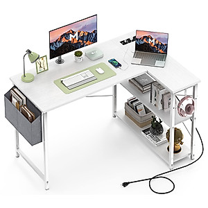 Mr IRONSTONE L Shaped Desk with Outlets & USB Ports, Reversible 47 Inch Office Desk, Corner Desk for Small Space, Home Office Desk with Storage Bag & Hook, White