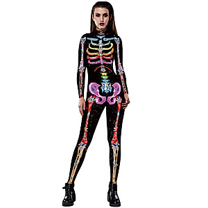 Alidamo Womens 3D Halloween Cosplay Skull Skeleton Jumpsuit Bodysuit Colorful Skull,BAX-083,XL