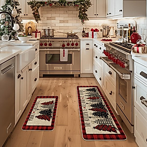 Artoid Mode Red Buffalo Plaid Xmas Trees Merry Christmas Kitchen Mats Set of 2, Winter Decor Low-Profile Kitchen Rugs for Floor - 17x29 and 17x47 Inch