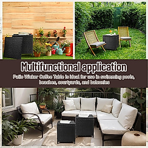 DoubleFill 2 Pcs Wicker Side Table with Storage PE Rattan Wicker Ottoman Small Patio Outdoor Storage Box 11.8 Gallon Square Outdoor Foot Stool Footrest Footstool for Porch, 15.75 x 15.75 x 17.72