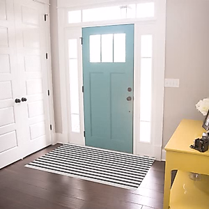 Breezsisan Black and White Striped Outdoor Rug, Cotton, 23x35.5 Inches Striped Rug, Under Mat Rug for Front Porch, Patio, Entryway, Farmhouse, Handwoven Modern Rug, Striped Carpet & Welcome Mat.