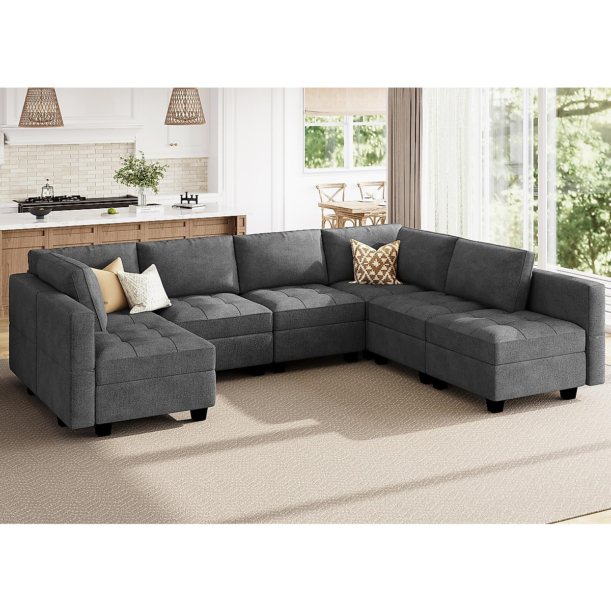 HONBAY Modular Sleeper Sectional Sofa Sectional Sleeper Couch with Storage Ottoman Reversible Modular Sofa for Living Room Dark Grey