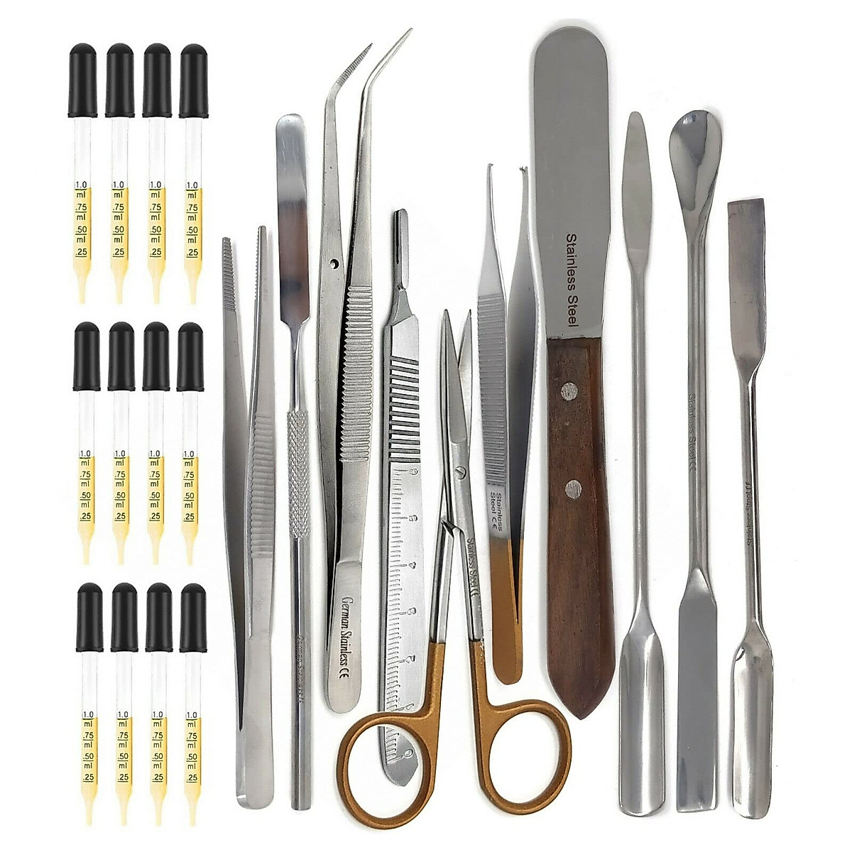 22 PCS Science Lab Micro Spatula Tweezer Sampler Set, Stainless Steel MutliPurpose Laboratory Sampling Mixing Pipette Set