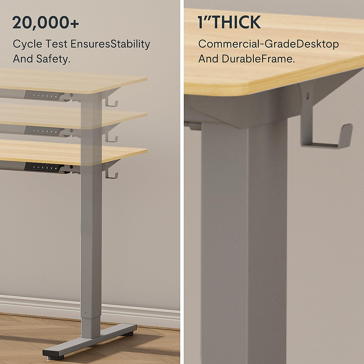 FLEXISPOT EN1 One-Piece Height Adjustable Desk 48 x 30 inch Electric Standing Desk, Stand Up Desk for Home Office (Silver Frame + 48" Natural Top, 2 Packages)