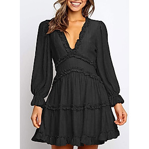 Dokotoo Womens Cute Spring Summer Casual Sexy Deep V Neck Ruffle Chiffon Lantern Long Sleeve Elegant Boho Hawaiian Flowy Mini Short Skirt Dresses for Women Party 2023 Black Small