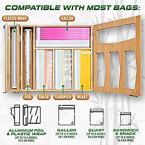 KitchenBe1 - Ziplock Bag Organizer together with Foil and Plastic Wrap Dispenser Cutter, Storage for Drawer or Wall, Zip Lock Sandwich Baggie Container Organization Bamboo, Natural (BambooBox01)