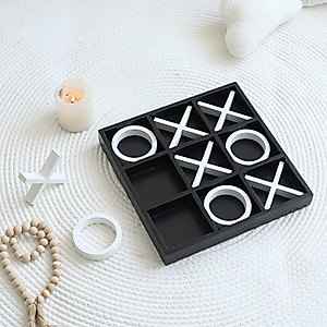 FUIN Wood Tic Tac Toe Decorative Board Game Set for Coffee Table Decor, 14" x 14", Black and White