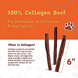 Jack&Pup 6" Beef Collagen Sticks for Dogs, Rawhide Free Dog Chews Long Lasting Collagen Chews for Dogs Healthy Dog Treats for Medium Dogs Joint Support for Dogs | Bully Stick Alternative (10 Pack)