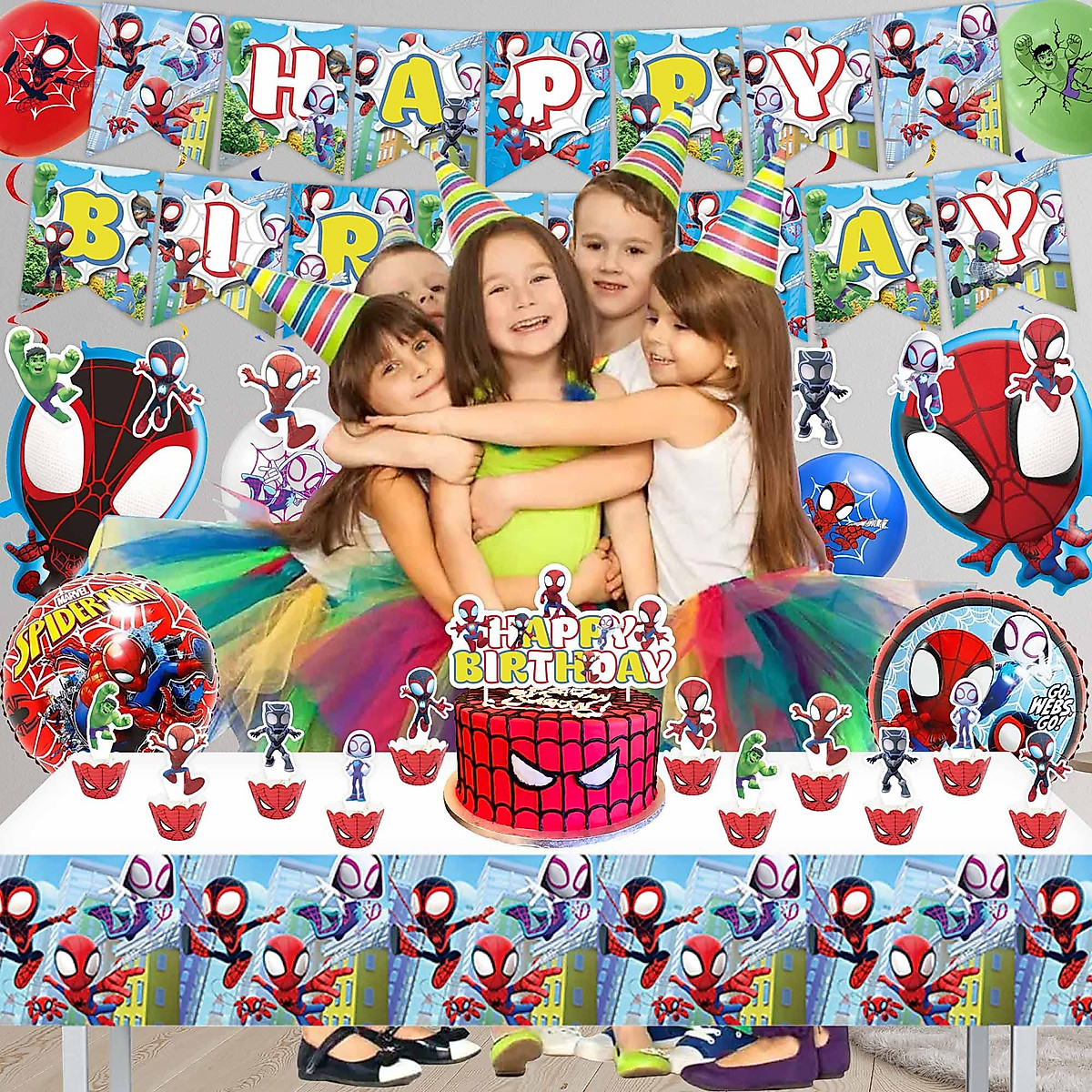 Spidey and His Amazing Friends Birthday Decorations, Spidey and Friends Party Supplies Include Banner, Foil Balloons, Cake Toppers, Tablecloth for Spidey Theme Party