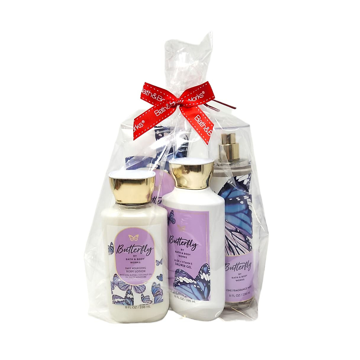 Bath and Body Butterfly Deluxe 7pc Gift Set includes Fine Fragrance Mist, Body Cream, Lotion, Shower Gel, Cello Bag, Ribbon, and Tag