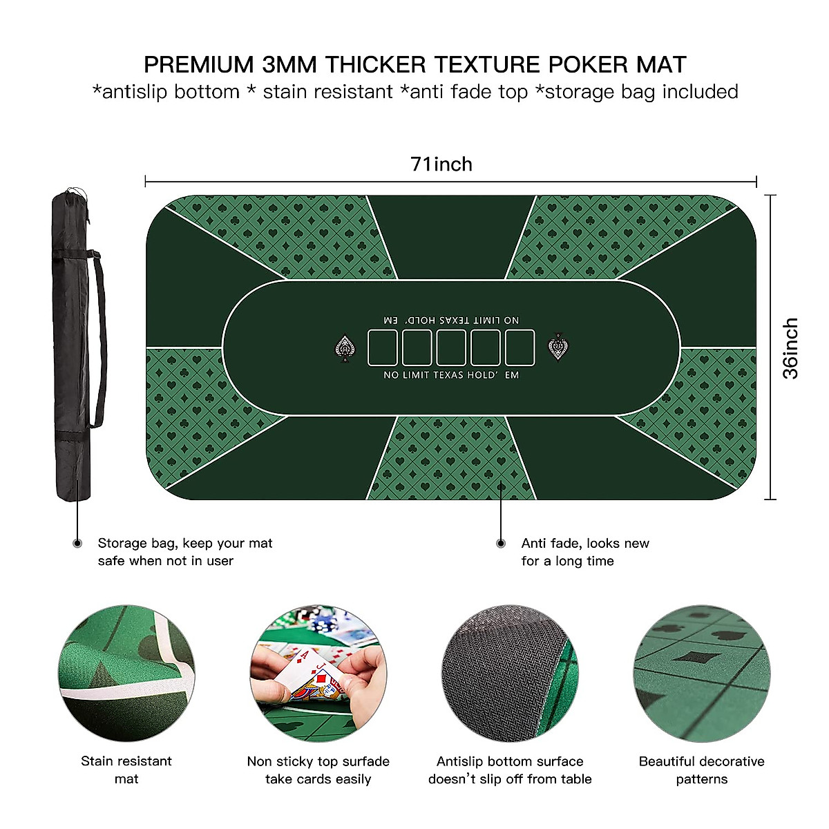 YUZPKRSI 70 x 35 Inch Poker Mat, 8 Players Texas Hold'em Poker Rubber Mat Poker Topper for Tables, Folding Portable Poker Table Top Layout w/Carrying Bag for Poker Games, Blackjack, Casino