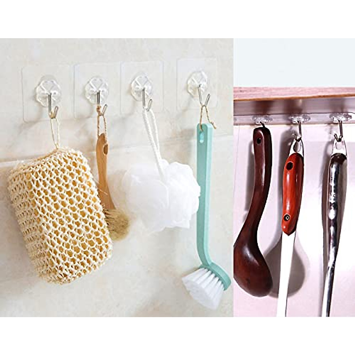 TLBX Adhesive Wall Hooks 22lb(10 Kg Max) Reusable Seamless Hooks, Waterproof and Oilproof, Bathroom Kitchen Heavy Duty Clear Hooks Transparent Sticky Wall Hanger 24 Pack