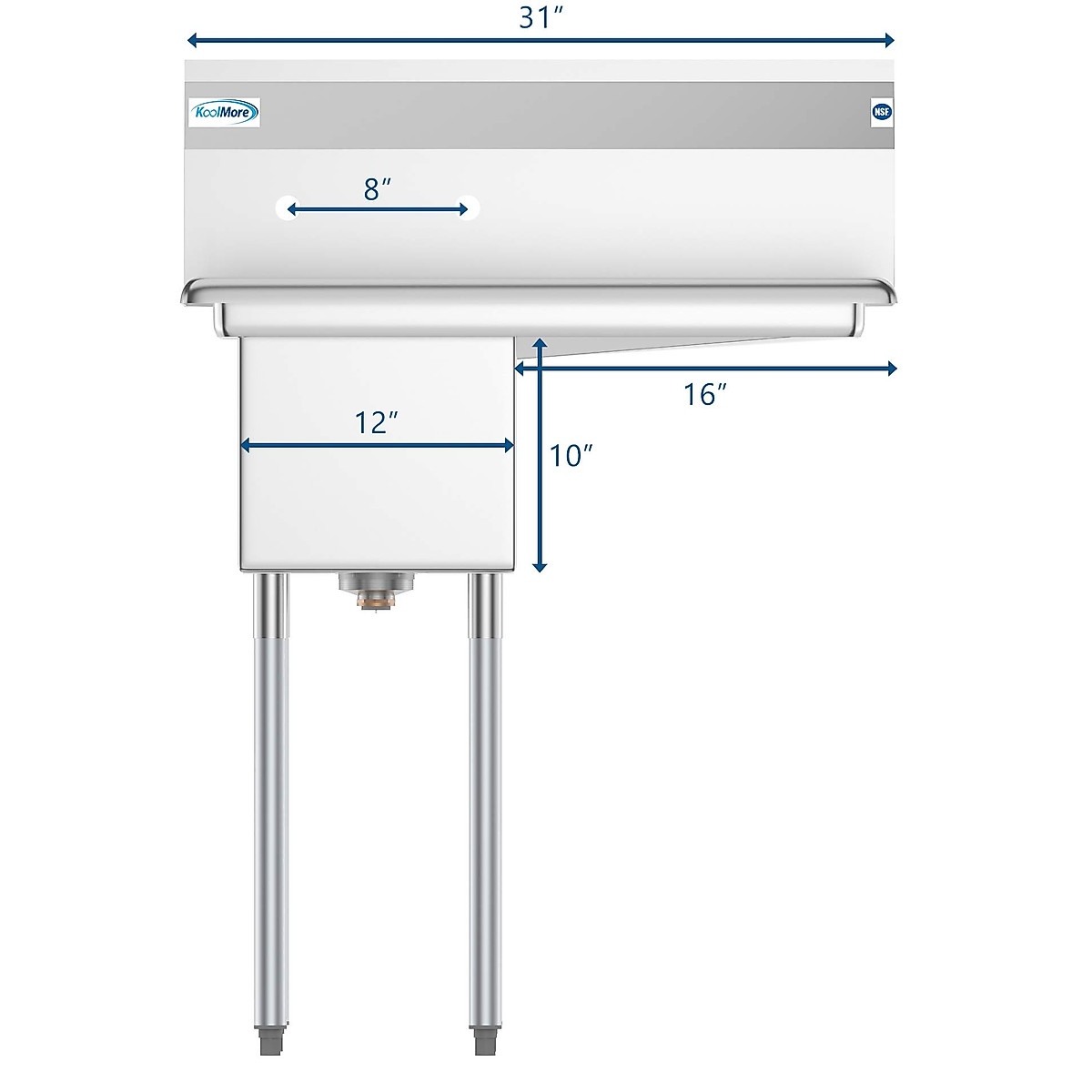 KoolMore 1 Compartment Stainless Steel NSF Commercial Kitchen Prep & Utility Sink with Drainboard - Bowl Size 12" x 16" x 10", Silver