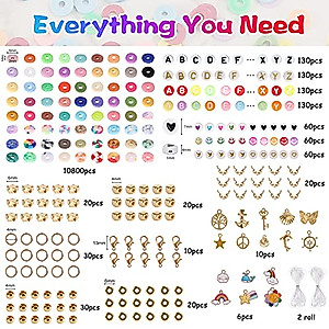 QUEFE 10800pcs Clay Beads Kit for Bracelet Making 72 Colors Flat Round Polymer Clay Beads Spacer Heishi Beads Jewelry Making with Pendant Charms Kit Letter Beads Elastic Strings
