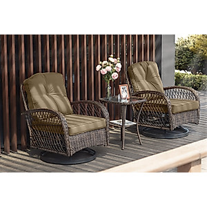 SHA CERLIN 3 Pieces Patio Furniture Set, Outdoor Swivel Glider Rocker, Wicker Patio Bistro Set with Rocking Chair, Cushions and Table (Khaki)