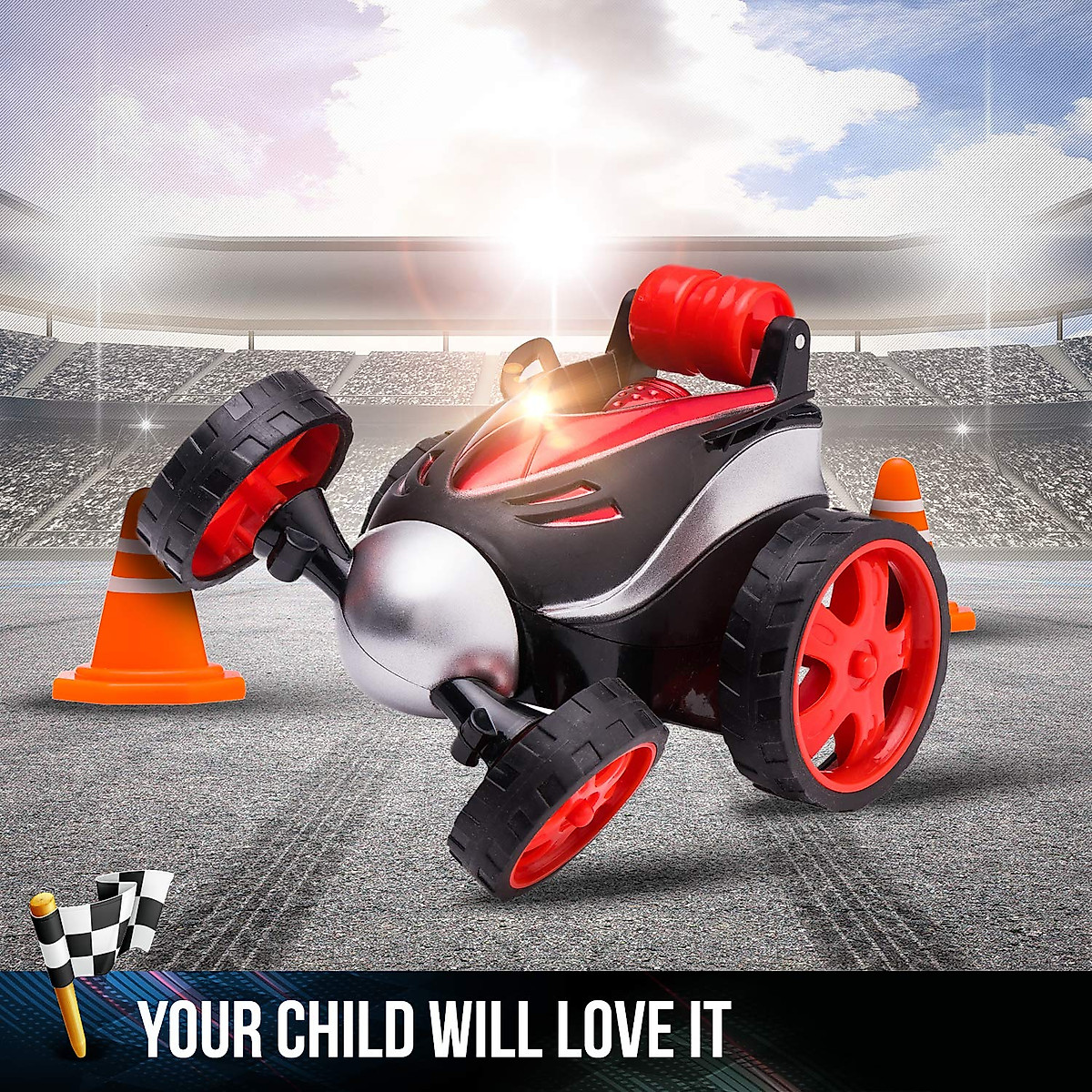 Atlasonix Remote Control Car for Boys - RC Cars for Kids, RC Stunt Car Toy | 4-Wheel Drive Car Spins and Flips | Indoor and Outdoor w/Bonus - 6 Traffic Cones | Remote Control Car for Boys 4-7