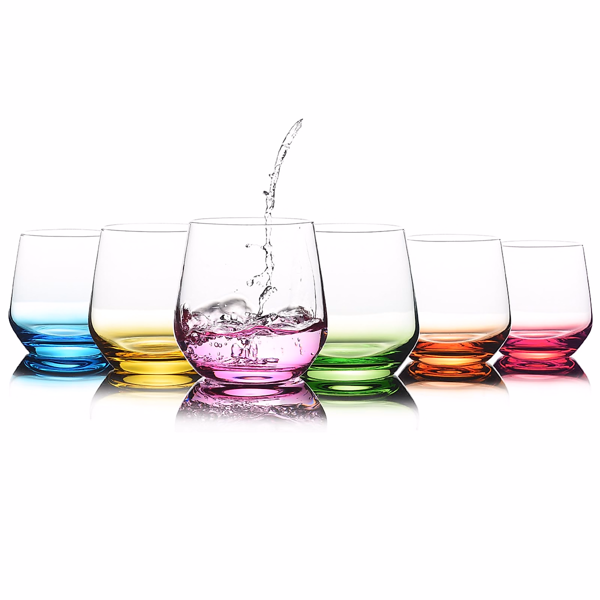 BACLIFE Stemless Wine Glasses Set of 6 - Hand Blown Colored Short Wine Tumblers - 15 oz Elegant Sparkling Wine Glass - Unique Gift for Birthday,Wedding, Anniversary - Clear