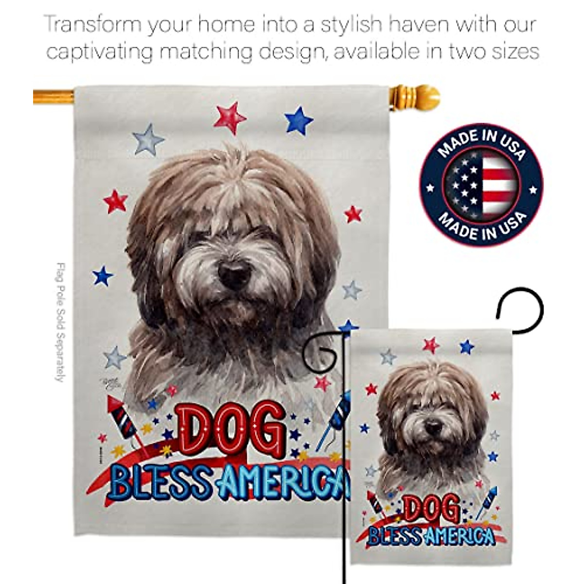 Breeze Decor Patriotic Brindle Tibetan Terrier Garden Flag-Set Wood Dowel Dog Puppy Spoiled Paw Canine Fur Pet Nature Farm Animal Creature House Banner Small Yard Gift Double-Sided, Made in USA